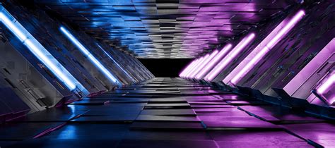 기술 배경 터널 당신의 제품을 위한 복도 격납고 차고 금속 전시실 네온 레이저 Led 조명 미래 지향적 인 복도 미래 배경3d 렌더링 가구에 대한 스톡 사진 및 기타 이미지