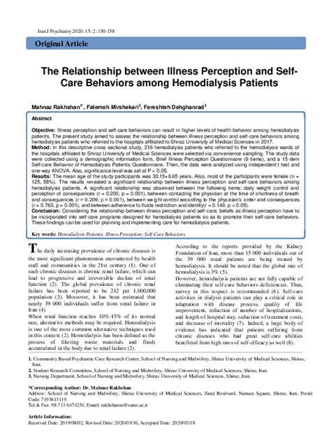 Pdf The Relationship Between Illness Perception And Self Care Behaviors Among Hemodialysis