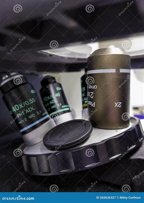 Microscope Turret With Four Objective Lenses Stock Image Image Of Magnify Technology 265636327