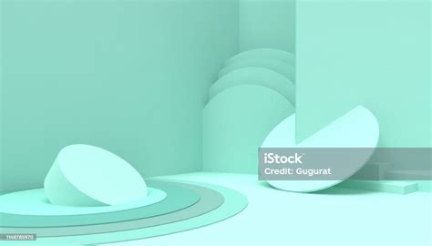연단 원 기하학적 구성 모양 최소한의 현대 개념 아트 파스텔 녹색 벽 장면 녹색 배경3d 렌더링 추상적인에 대한 스톡 사진 및