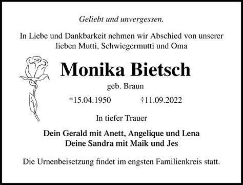 Traueranzeigen Von Monika Bietsch Trauer Anzeigen De