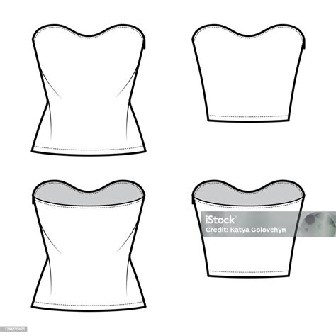 슬림 핏 크롭 튜닉 길이가 돋나는 탑스 스트랩리스 스쿱 네크라인 테크니컬 패션 일러스트레이션 플랫 의류 0명에 대한 스톡 벡터 아트 및 기타 이미지 Istock