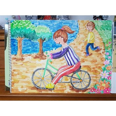 5학년아이 자전거타는모습 그렸어요 수채화클래스아동수채화수원수채화감성아이정물화성인수채화아동미술초등미술창의미술캐릭터수채화정물수채화풍경수채화초등수채화