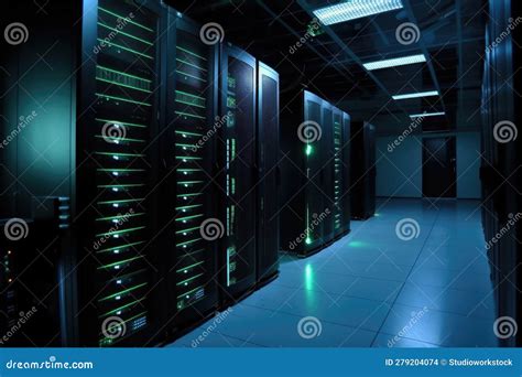 High Tech Server Room With Sleek Metal Racks And Blinking Lights Stock Illustration