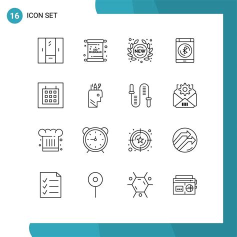 Group Of 16 Outlines Signs And Symbols For Data Bluetooth Mubarak Store Sticker Editable Vector