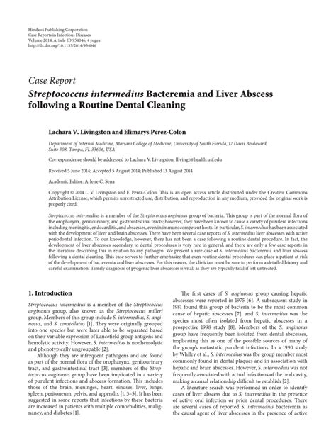Pdf Streptococcus Intermedius Bacteremia And Liver Abscess Following A Routine Dental Cleaning