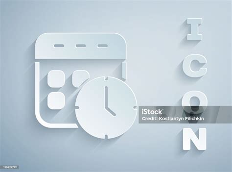 회색 배경에서 격리된 용지 절단 달력 및 시계 아이콘입니다 일정 약속 주최자 작업표 시간 관리 종이 아트 스타일 벡터 3차원 형태에 대한 스톡 벡터 아트 및 기타 이미지