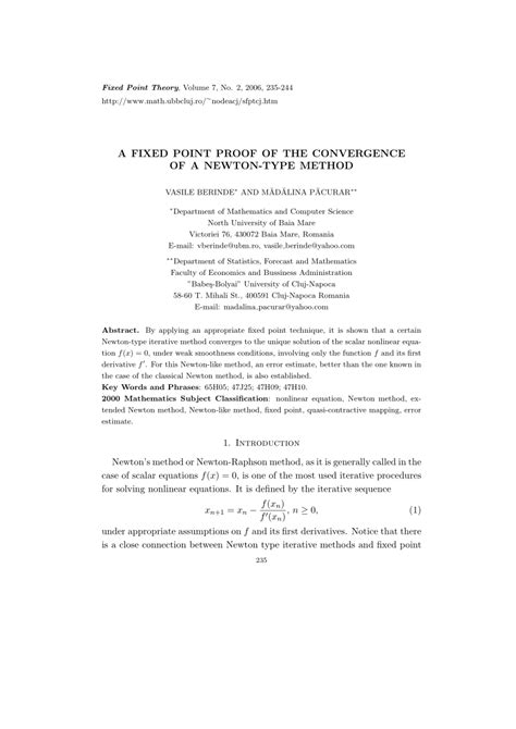 Pdf A Fixed Point Proof Of The Convergence Of A Newton Type Method