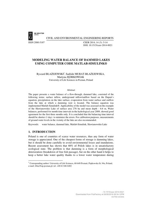 Pdf Modeling Water Balance Of Dammed Lakes Using Computer Code Matlab Simulink Modelowanie