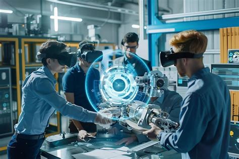 Engineers In Vr Headsets Working On A 3d Model Of A Machine Premium Ai Generated Image
