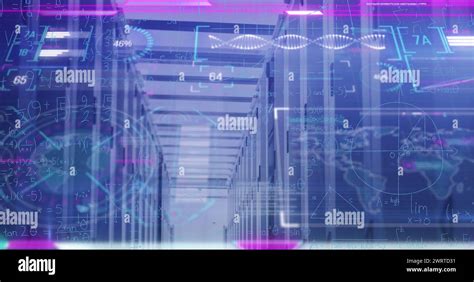 Image Of Interface With Data Processing And Mathematical Equations Against Server Room Stock