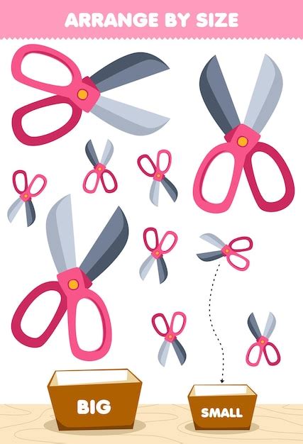 아이들을 위한 교육 게임은 크거나 작은 크기로 정렬하여 귀여운 만화 가위 그림 인쇄용 도구 워크시트 상자에 넣습니다 프리미엄 벡터