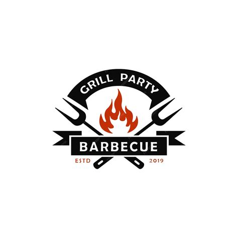 포크와 불 불꽃으로 바베큐 빈티지 로고 그릴 파티 바베큐 프리미엄 벡터