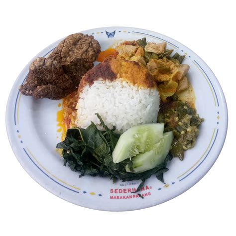 A Plate Of Nasi Padang Rice With Chicken Curry And Some Vegetables