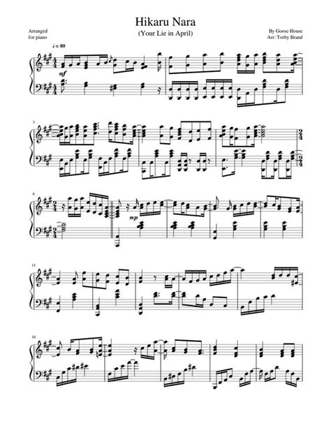 Hikaru Nara Your Lie In April Sheet Music For Piano Solo