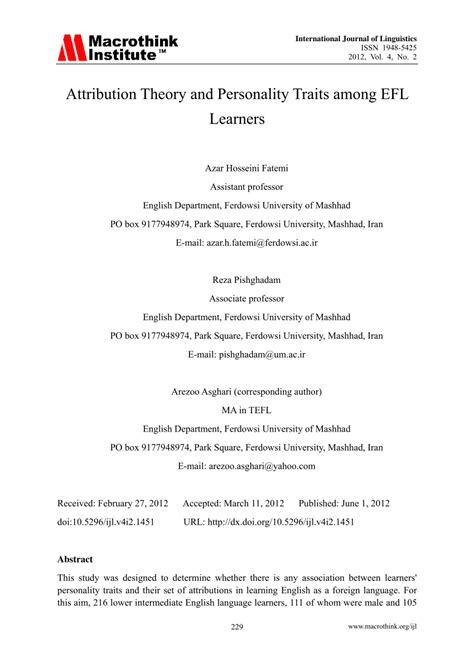 Pdf Attribution Theory And Personality Traits Among Efl Learners