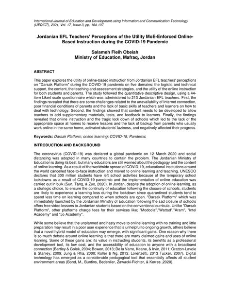 Pdf Jordanian Efl Teachers Perceptions Of The Utility Moe Enforced Online Based Instruction