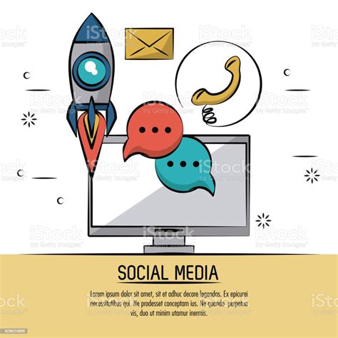 데스크톱 컴퓨터와 로켓과 연설 거품 및 전화 및 메일의 아이콘 소셜 미디어의 화려한 포스터 개념에 대한 스톡 벡터 아트 및 기타 이미지 개념 개체 그룹 고객 참여