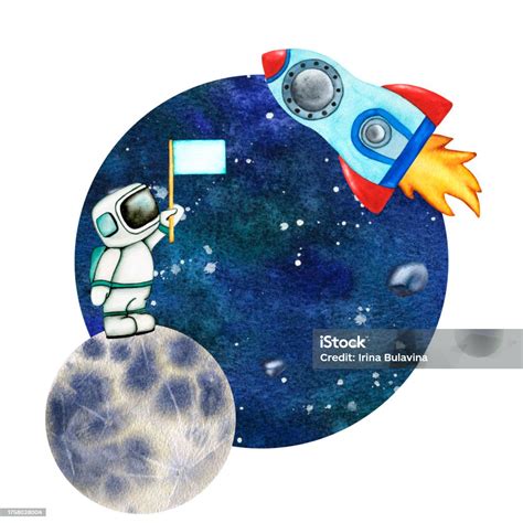 귀여운 우주 비행사와 달과 로켓에 우주에 깃발 수채화 별이 있는 우주 공간의 그림 로켓에 대한 스톡 벡터 아트 및 기타 이미지 로켓 클립아트 아이 Istock