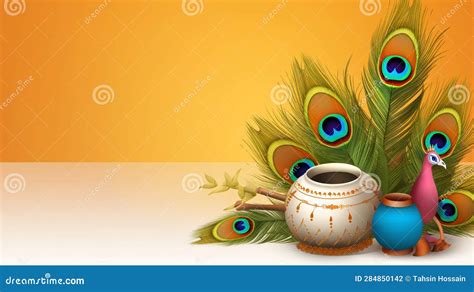 Happy Krishna Janmashtami Peacock Feather Green Background Stock