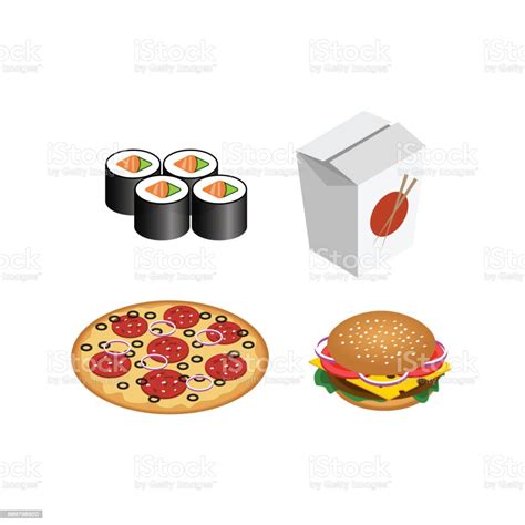 패스트 푸드 현실적인 설정합니다 절연 햄버거 피자 스시 롤 디자인 패스트 푸드 메뉴에 대 한 그림 3차원 형태에 대한 스톡 벡터 아트 및 기타 이미지 Istock