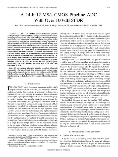 Pdf A 14 B 12 Ms S Cmos Pipeline Adc With Over 100 Db Sfdr