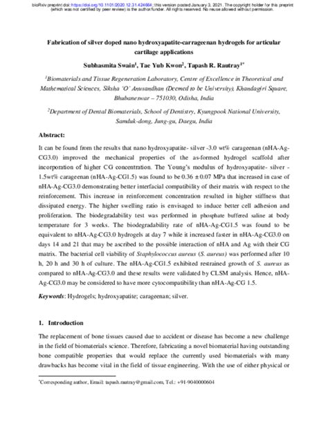 Pdf Fabrication Of Silver Doped Nano Hydroxyapatite Carrageenan Hydrogels For Articular