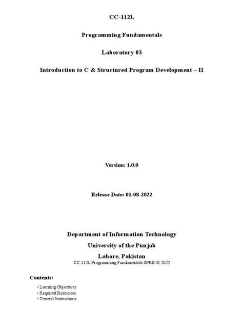 Cc 112l Programming Fundamentals Laboratory 03 Introduction To C And Structured Program