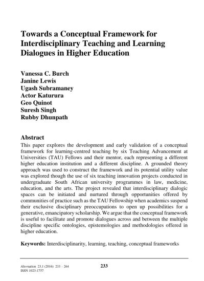 Towards A Conceptual Framework For Interdisciplinary Teaching And Learning Dialogues In Higher