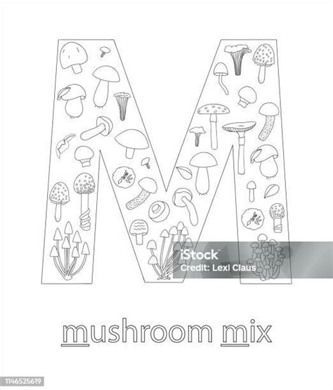 흑백 알파벳 문자 M 파 닉스 플래시 카드 만화 스타일 버섯 읽기 교육에 대 한 귀여운 편지 M 어린이를 위한 색칠 공부 페이지