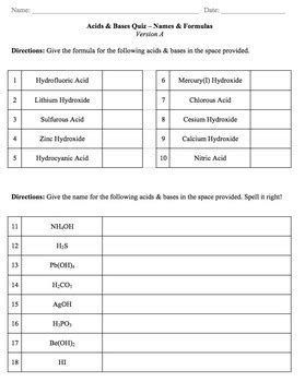 Acids And Bases Quiz Names And Formulas By Fission Impossible TpT