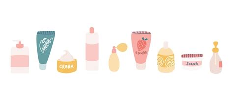 흰색 배경에 있는 천연 화장품 샴푸 젤 크림 스크럽 형광펜 향수 벡터 이미지 세트 프리미엄 벡터