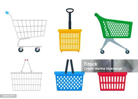 사이드 뷰 빈 슈퍼마켓 쇼핑 바구니 분리의 평면 사실적 일러스트의 벡터 컬렉션 대형 쇼핑 세트 크롬 도금 와이어 금속 바구니