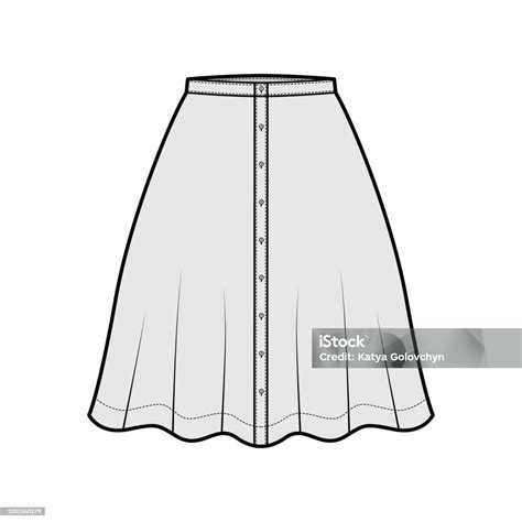 스커트 버튼 다운 테크니컬 패션 일러스트와 세미 원형 무릎 실루엣 의 충만 플랫 하단 템플릿 0명에 대한 스톡 벡터 아트 및