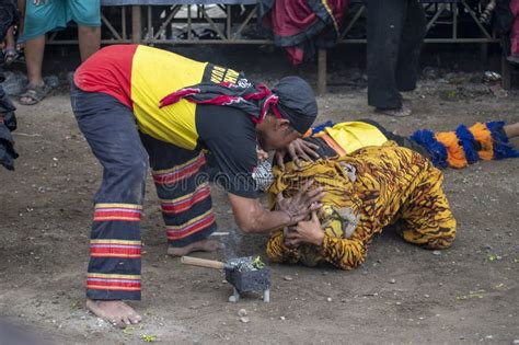 A Shaman Is Exorcising A Possessed Jaranan Player Editorial Stock