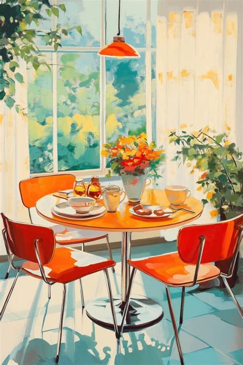 Family Enjoys Breakfast In S Style Sunlit Room Retro Furniture Bright Orange Color Sunny