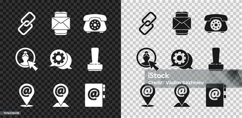 체인 링크 모바일 및 봉투 전화 위치 메일 이메일 주소록 계정 화면 만들기 및 말풍선 채팅 아이콘을 설정합니다 벡터 Brand Name Online Messaging