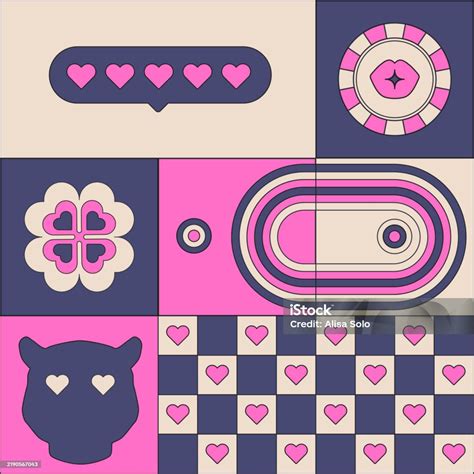 발렌타인 하트가 있는 장난기 넘치는 기하학적 구성 레트로 그루비 재미있는 Y2k 분위기 간단한 추상 모양 활기찬 배경 사랑 분위기 디자인 요소 네온 핑크 체크 무늬 프린트