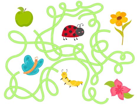 아이들을위한 귀여운 미로 아이들을위한 게임 아이들을위한 퍼즐 행복한 캐릭터 미로 수수께끼 색상 벡터 Eps 10 그림 올바른 경로 찾기 만화 스타일 사과 무당 벌레 꽃 나비