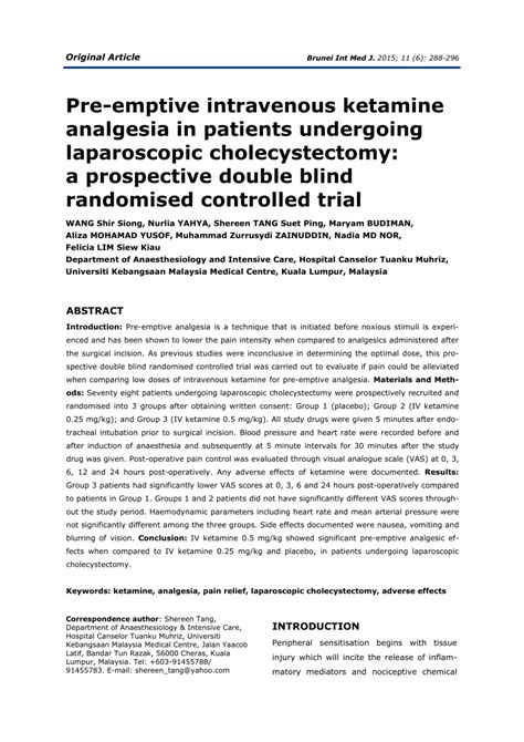Pdf Pre Emptive Intravenous Ketamine Analgesia In Patients Undergoing Laparoscopic