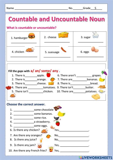 Countable And Uncountable Nouns Exercise For Grade