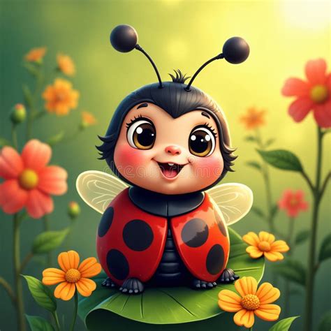 Cute Cartoon Ladybug With Big Eyes And A Happy Smile On A Leaf Stock Illustration Illustration