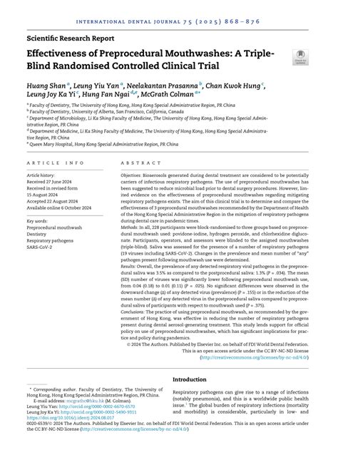 Pdf Effectiveness Of Preprocedural Mouthwashes A Triple Blind Randomised Controlled Clinical