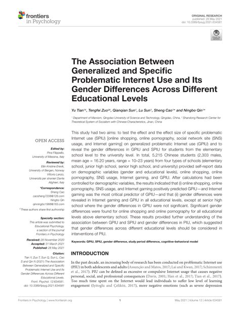 Pdf The Association Between Generalized And Specific Problematic Internet Use And Its Gender