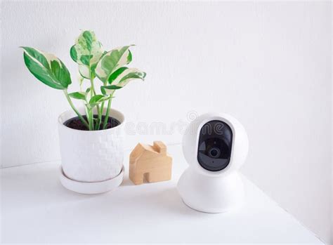 Cctv Security Camera On White Table In Living Room Wooden House Tree