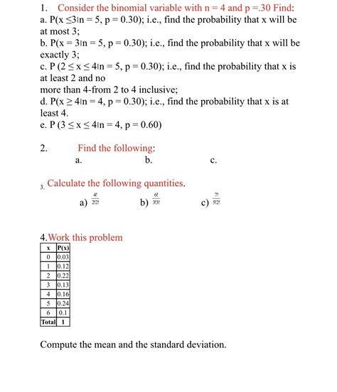 1 Consider The Binomial Variable With N 4 And P 30