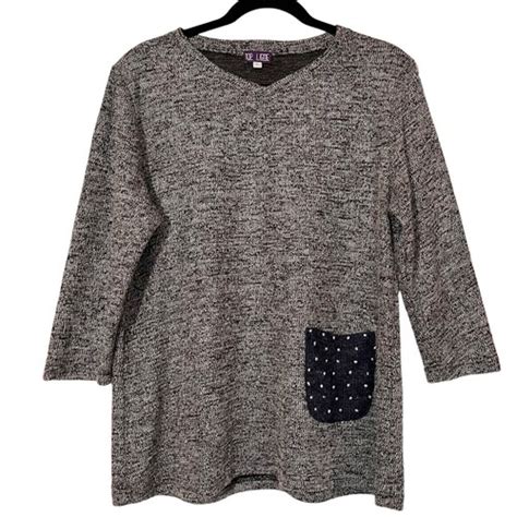 Top Ligne Polka Dot Pocket Sweater Women Large Grey Lagenlook Artsy