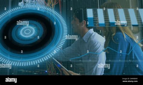 Image Of Data Processing Over Caucasian Male And Female Engineers Working At Server Room Stock