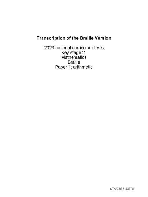 2023 Key Stage 2 Mathematics Braille Transcript Paper 1 Arithmetic Pdf Arithmetic Mathematics