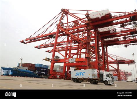 LIANYUNGANG CHINA FEBRUARY 3 2023 Container Loading And Unloading At Lianyungang Port